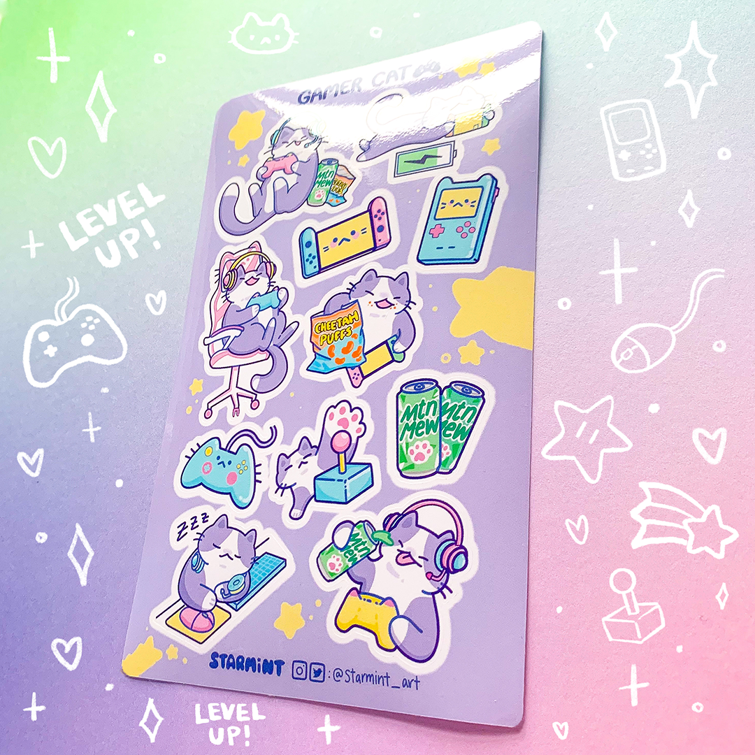 Gamer Cat Waterproof Sticker Sheet – Starmint Art